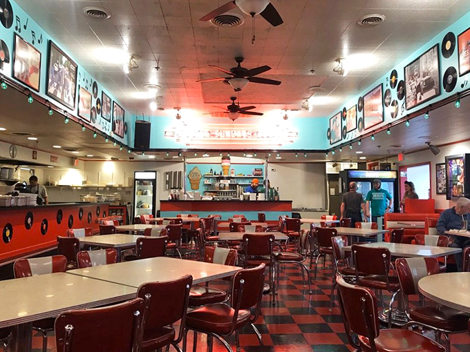 Step back in time with this classic 1950s diner aesthetic&mdash;red vinyl seats and checkerboard floors that Elvis would approve of.