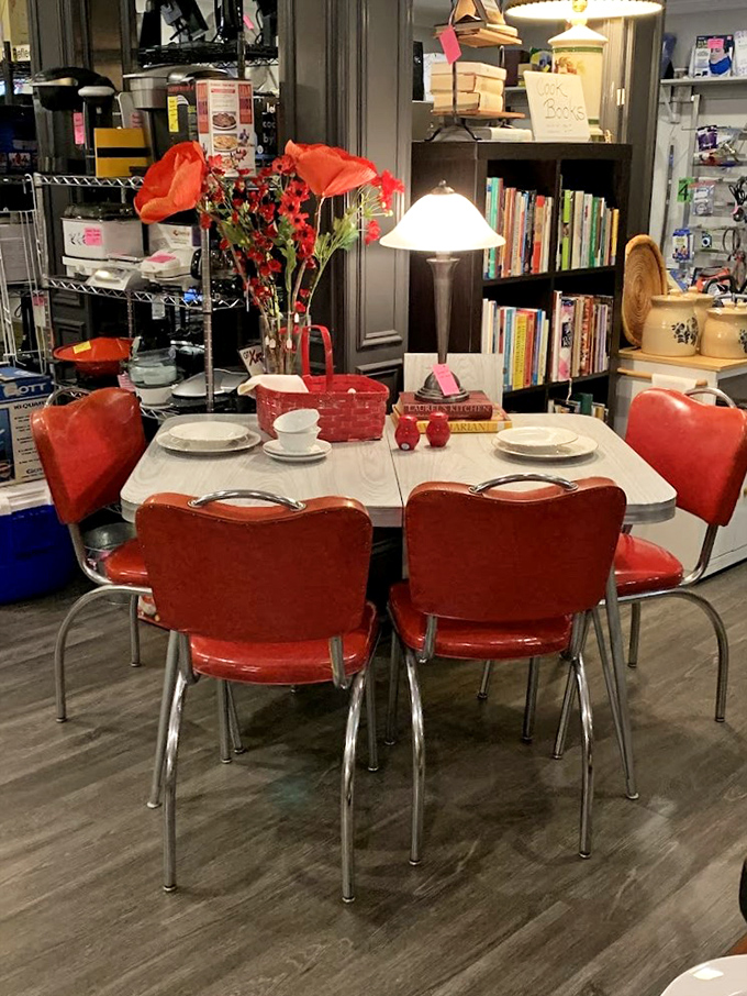 Mid-century magic in cherry red! This vintage dining set isn't just furniture&mdash;it's a time machine to family dinners circa 1965.