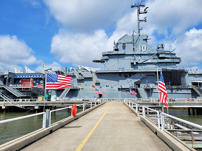 Where leisure meets history – pleasure boats dock alongside naval vessels in this picturesque harbor view that epitomizes South Carolina's coastal charm.