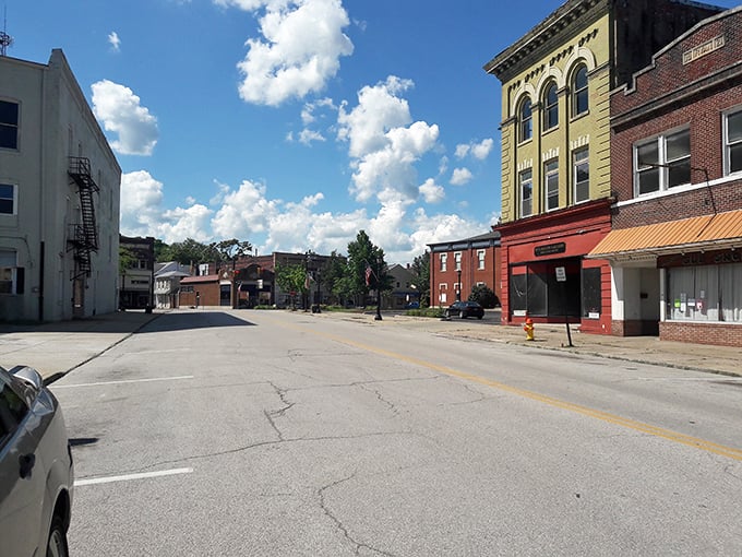 Blue skies frame Conneaut's charming downtown, where colorful historic buildings seem to whisper stories from another era.