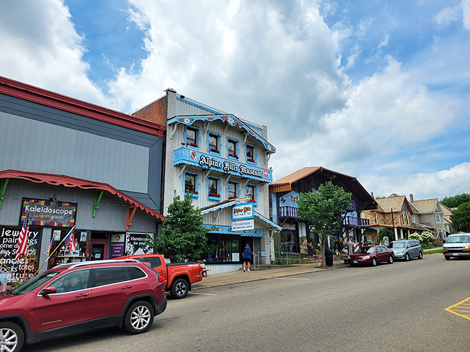 Downtown Sugarcreek wears its Swiss heritage like a well-tailored lederhosen. The blue Alpine-style building stands out like a sapphire in this Little Switzerland of Ohio.
