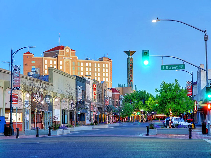 Downtown Modesto at dusk transforms into a postcard-worthy scene. The kind of main street that makes you wonder why you've been battling big city traffic all these years.