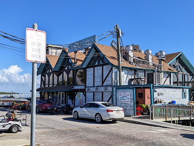Tudor-style charm meets Gulf Coast grit in this delightfully eccentric architectural mashup that works perfectly.