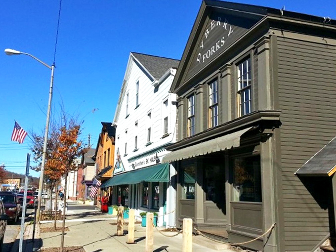 Fall in Honesdale brings a painter's palette to these historic storefronts, where American flags flutter above shops that have weathered decades of change.