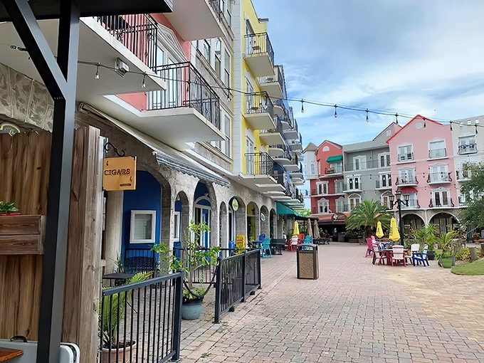 European Village brings Mediterranean charm to Florida's coast. These colorful buildings house restaurants and shops that'll make you forget you're still stateside.