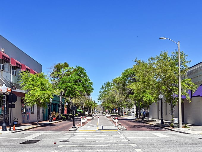 Tree-lined streets invite leisurely strolls through downtown Tarpon Springs, where brick roads and historic storefronts create an atmosphere of small-town tranquility.