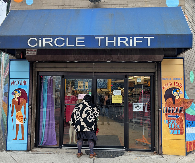Colorful murals flank the entrance, where shoppers pause before diving into this Narnia of nostalgia. The "donations" sign might as well read "plot twists welcome."
