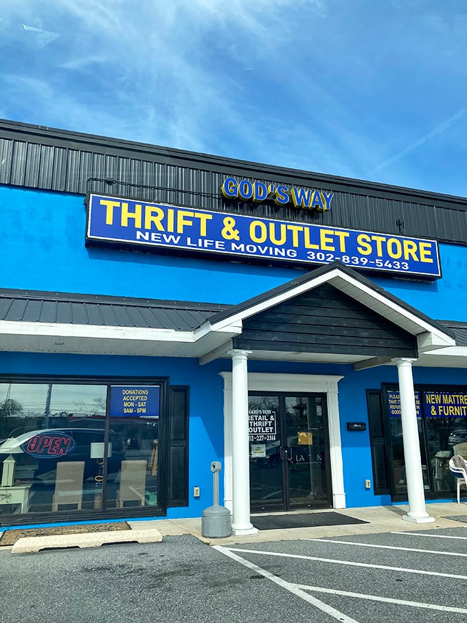 The bright blue exterior stands out along Coastal Highway like a beacon for thrifty shoppers seeking both bargains and purpose.