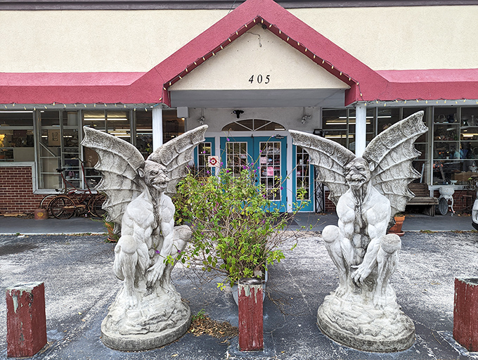These aren't your average doormen! Stone gargoyles stand watch at the entrance, silently judging whether your vintage fashion sense passes muster.