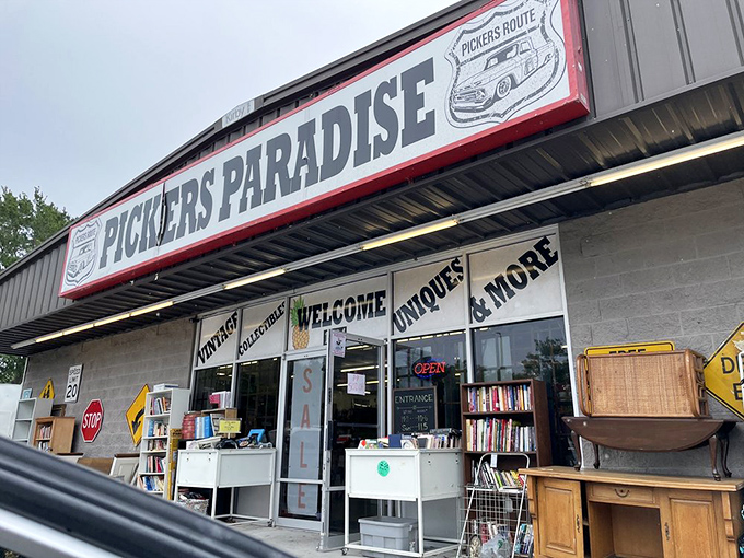 That bold red "PICKERS PARADISE" sign might as well say "Abandon all shopping lists, ye who enter here." The outdoor displays offer just a taste of what awaits.