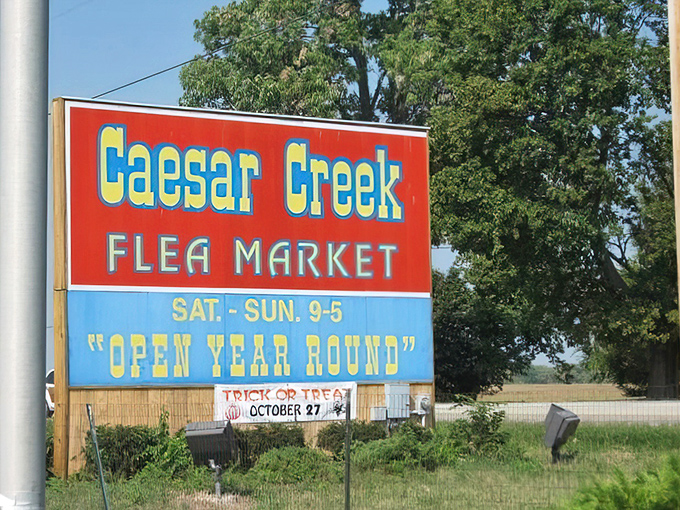 The iconic red and blue sign stands like a beacon for bargain hunters, promising year-round weekend adventures for those willing to dig for gold.