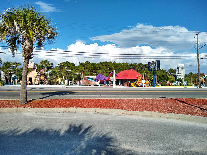 Roadside Americana in all its glory! Goofy Golf's colorful menagerie of concrete creatures stands ready to welcome travelers along Front Beach Road.