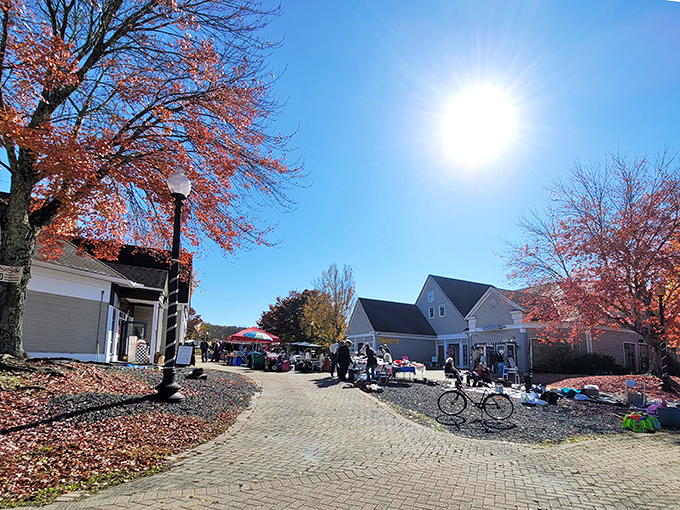 Fall foliage creates nature's perfect backdrop for treasure hunting, with vibrant reds framing the outdoor vendor area like Mother Nature's own welcome sign.
