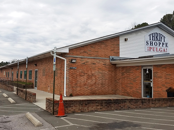 Brick, mortar, and endless possibilities. The "Thrift Shoppe" sign might as well read "Ali Baba's Cave" for the treasures waiting to be discovered inside.