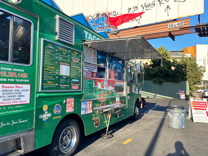 Where Oakland's food dreams come true. The side view reveals the truck's Golden State Warriors stickers &ndash; this spot feeds both champions and locals alike.