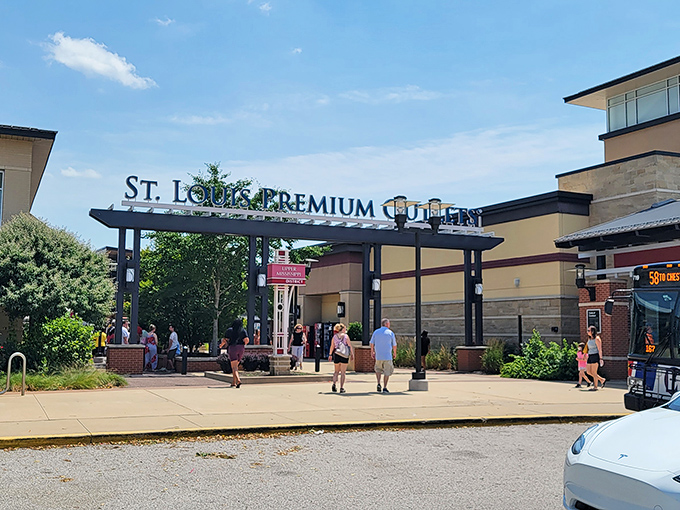 Sunshine, blue skies, and discount designer goods await as shoppers make their pilgrimage through the welcoming entrance of this retail mecca.