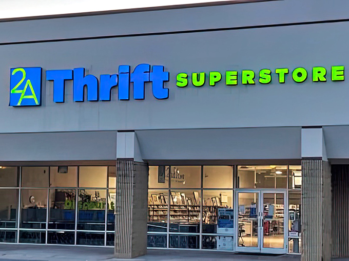 The blue and green signage pops against the gray building, a beacon for bargain hunters that practically screams, "Abandon your shopping budget, all ye who enter here!"