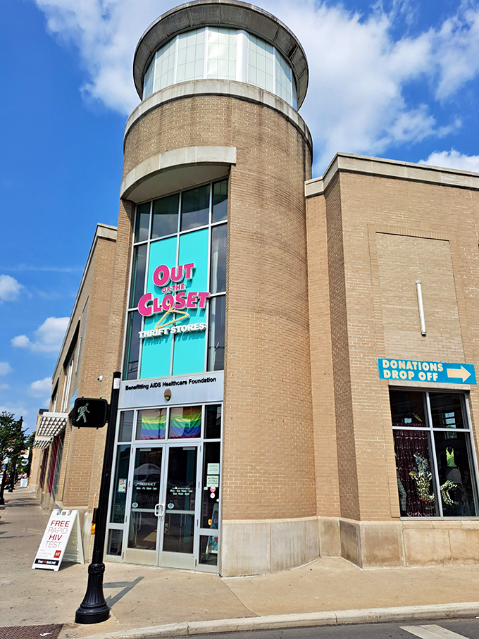 The iconic cylindrical tower entrance stands like a lighthouse for bargain hunters, guiding shoppers to this charitable thrifting haven.