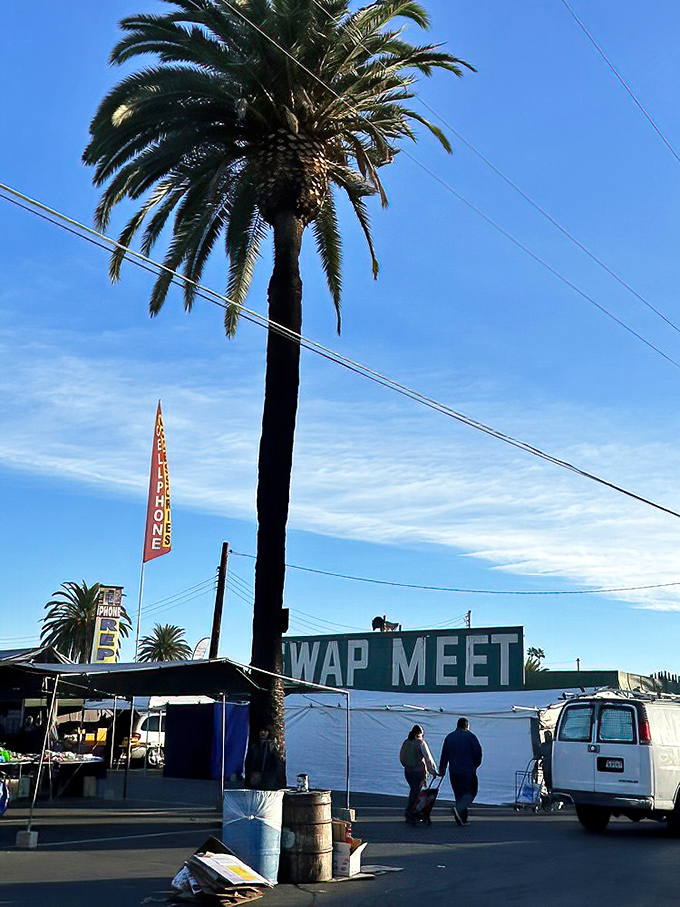 The iconic "WAP MEET" sign (the S apparently took early retirement) welcomes visitors under California's impossibly blue sky&mdash;a portal to retail adventure.