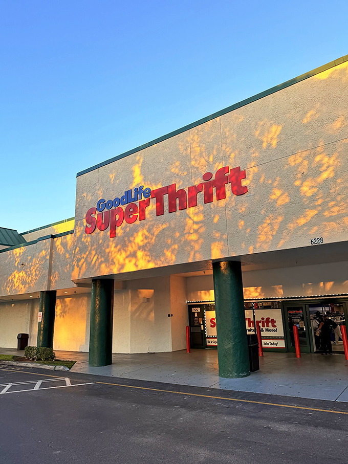 Golden hour transforms GoodLife's entrance into something magical. Those sun-dappled columns practically whisper, "Come in, the vintage Pyrex of your dreams is waiting."