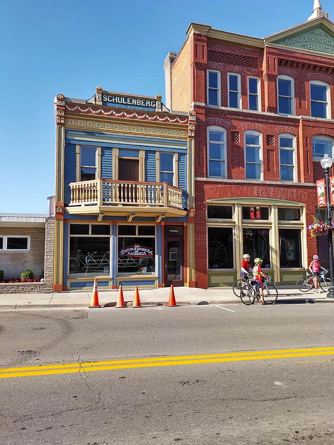 The Schulenberg Block building houses bicycle heaven in New Bremen. That blue and red facade is practically begging you to come inside and geek out.