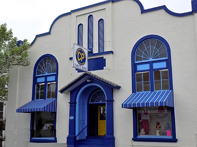 With its distinctive blue trim and Spanish-inspired architecture, CP Thrift Shop stands out in Napa like a sapphire in a sea of wine bottles.