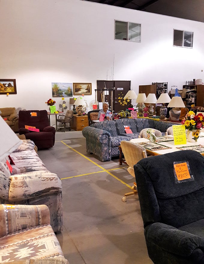 A furniture hunter's paradise where every sofa tells a story. These blue floral patterns aren't just seating options&mdash;they're time machines to grandma's living room.