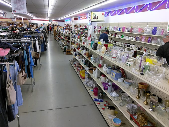 Endless aisles of glassware and clothing create a wonderland of possibilities. One person's forgotten vase becomes another's dining table centerpiece.
