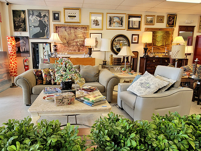 Not your grandmother's living room setup&mdash;though she'd approve! This curated furniture display could easily be mistaken for an upscale design showroom.