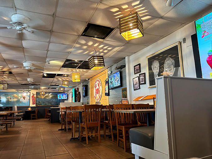 Inside, nautical charm meets casual comfort. Those wooden lanterns cast the kind of glow that makes everyone look like they're on vacation.