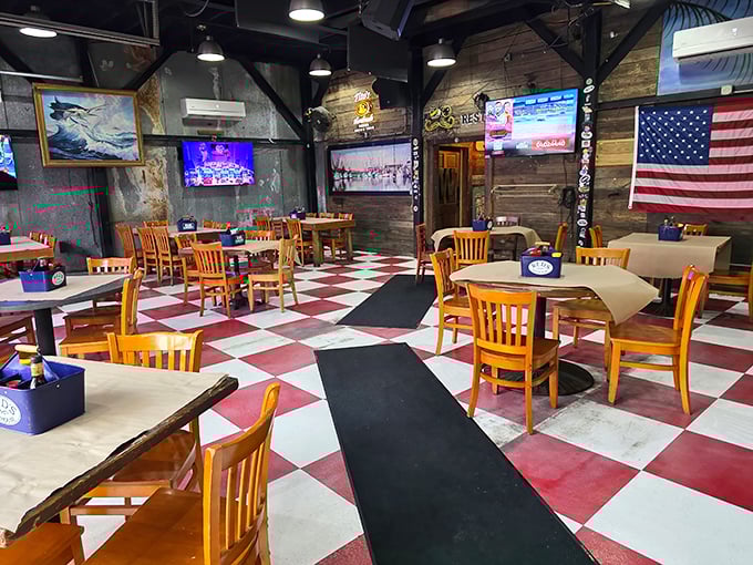 The red and white checkered floor says "come as you are," while the American flag whispers "stay for the seafood." Classic South Carolina hospitality.