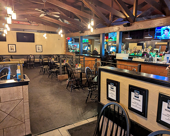Exposed wooden beams and comfortable seating create an atmosphere where you'll happily serve your time... savoring every bite of dinner.