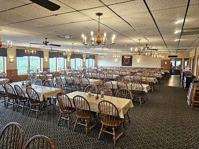 The spacious dining room with its Windsor chairs and simple tablecloths sets the perfect stage for the comfort food extravaganza that's about to unfold.