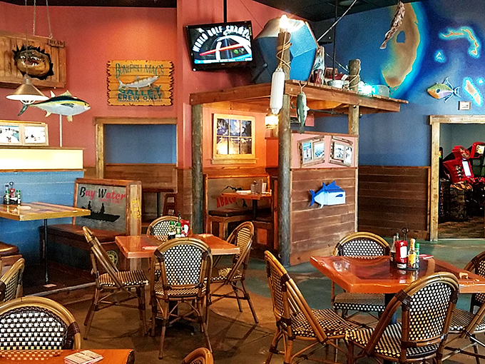 Nautical dreams come alive inside with wooden accents, mounted fish, and that perfect shade of ocean blue. It's like dining inside a stylish sea captain's living room.