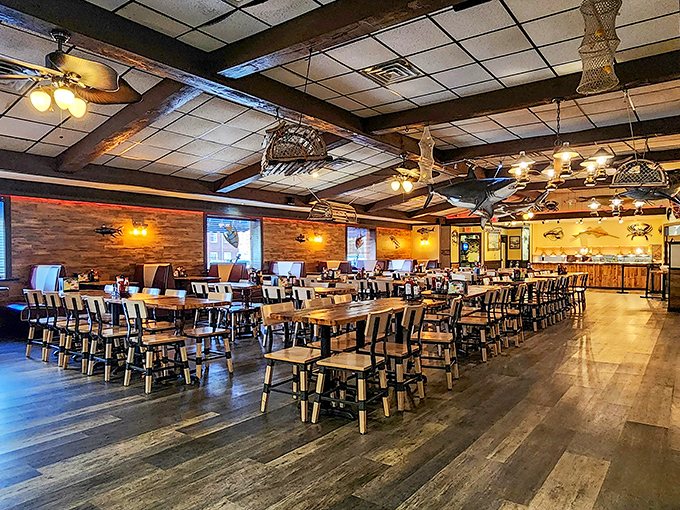 Wooden tables await the seafood stampede in this maritime-themed dining room. The empty chairs won't stay that way for long once word gets out.