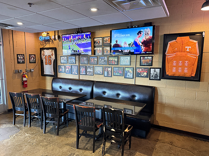 Tennessee pride meets barbecue passion on these walls. Nothing says "make yourself at home" like Vols memorabilia and the promise of smoked meat.