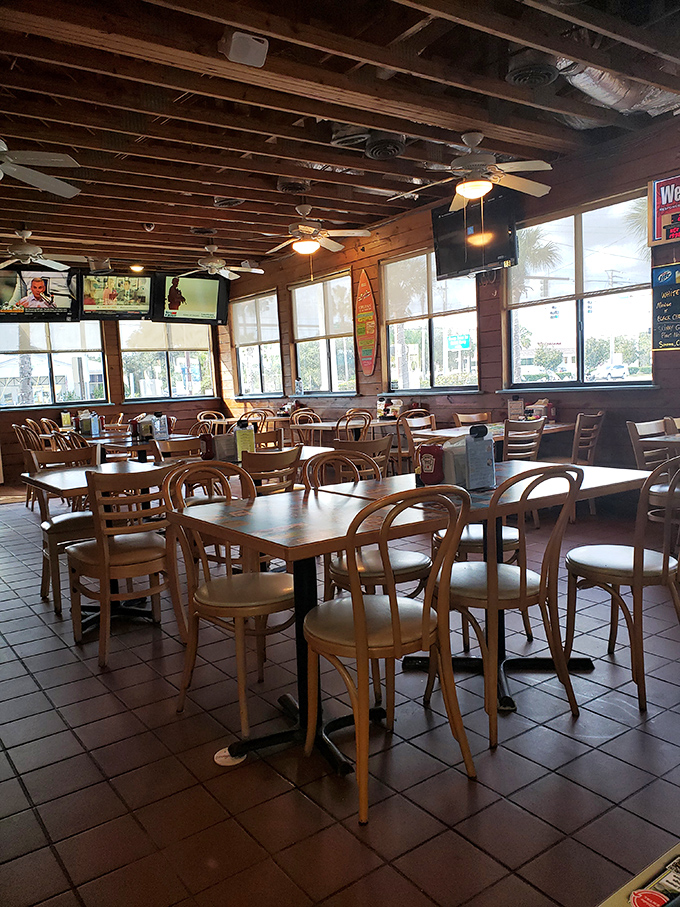 Wooden ceiling beams, natural light, and tables waiting for hungry patrons &ndash; this isn't fancy dining, it's the promise of honest Florida seafood without pretense.