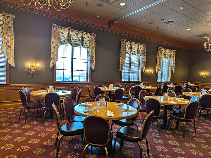 Elegant chandeliers and country-style valances create that perfect "fancy but comfortable" atmosphere where both grandma and hipsters feel equally at home.