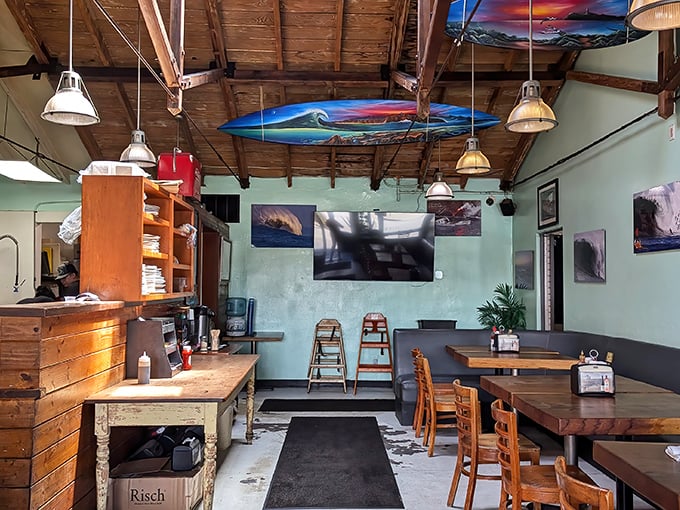 Surfboards suspended from wooden rafters tell you everything &ndash; this isn't just a restaurant, it's a shrine to California's wave-riding soul.