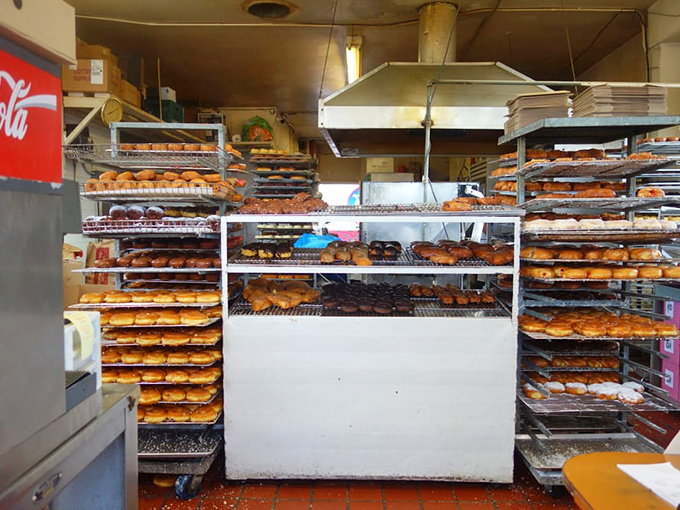 Donut heaven looks exactly like this&mdash;racks upon racks of freshly made treasures waiting for their moment of glory in your breakfast lineup.