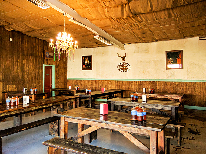 That chandelier isn't being ironic&mdash;it's announcing that this BBQ joint takes its meat seriously enough to deserve a little glamour in the rustic surroundings.