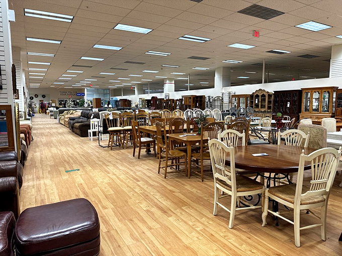 Dining sets as far as the eye can see – each one with stories to tell and meals yet to host. Family dinners await their next chapter.