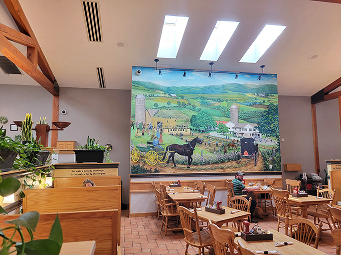 Exposed wooden beams frame a stunning rural mural that tells the story of Pennsylvania's agricultural heritage better than any history book.