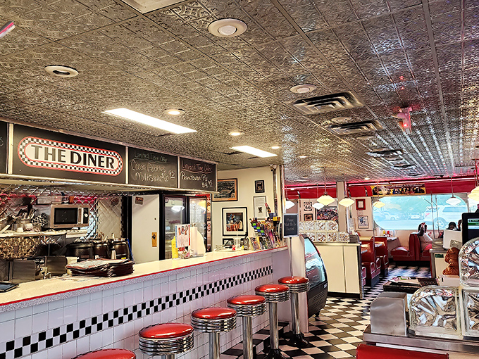 Step inside and time-travel to simpler days&mdash;pressed tin ceiling, cherry-red vinyl, and checkered floors create the perfect backdrop for comfort food memories in the making.
