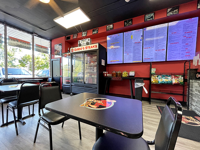Simple surroundings let the food do the talking. Red walls and no-nonsense seating say, "We're here for serious sandwich business."
