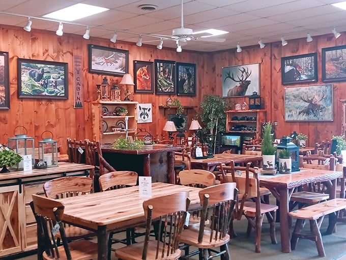 Rustic wooden paneling and wildlife artwork create a cozy retreat where time slows down just enough to savor both conversation and pretzels.