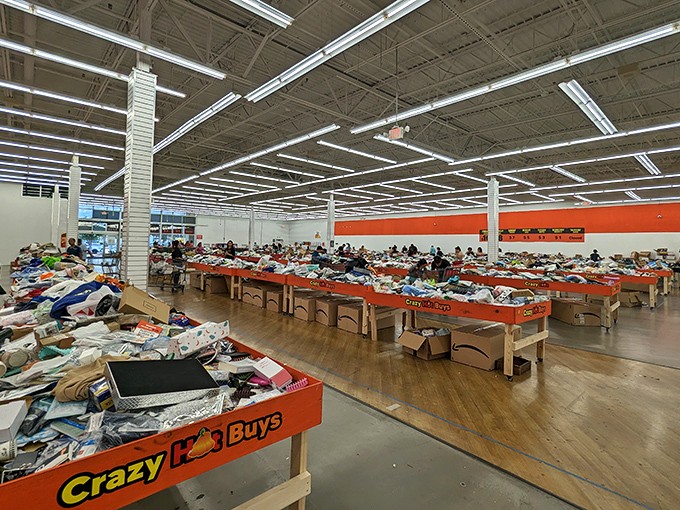 A bargain hunter's paradise stretches before you&mdash;endless tables of possibilities where one person's retail returns become another's magnificent find.