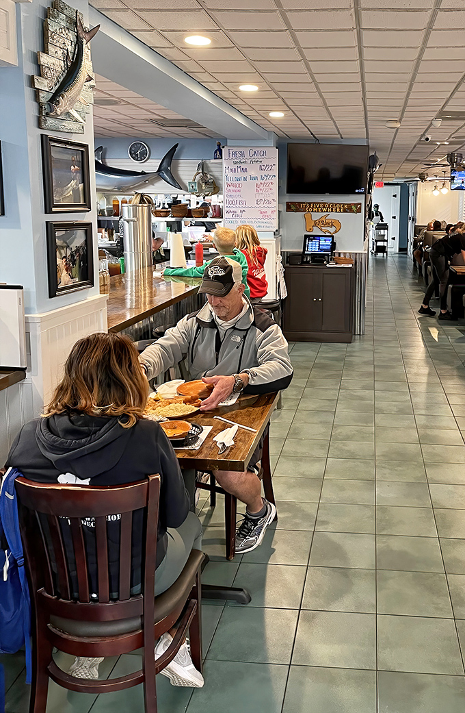 Inside, maritime d&eacute;cor and blue walls create the perfect backdrop for seafood feasts. That mounted marlin seems to be keeping an eye on your appetite.