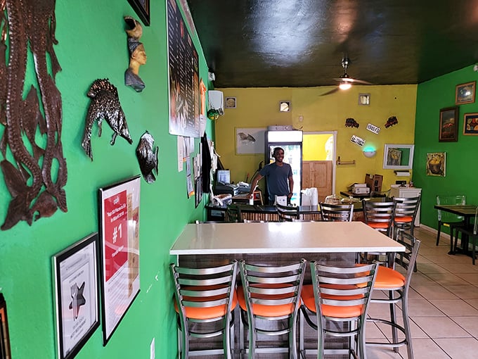 Inside, the vibrant green and yellow walls aren't just a nod to Jamaica's flag&mdash;they're a promise that what you're about to eat will be anything but bland.