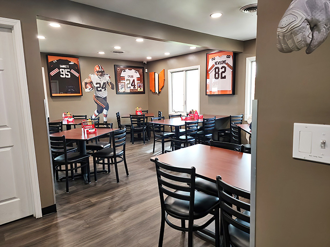 Browns jerseys watch over diners like patron saints of comfort food. This shrine to Cleveland sports and serious eating proves some of life's greatest pleasures come without pretension.
